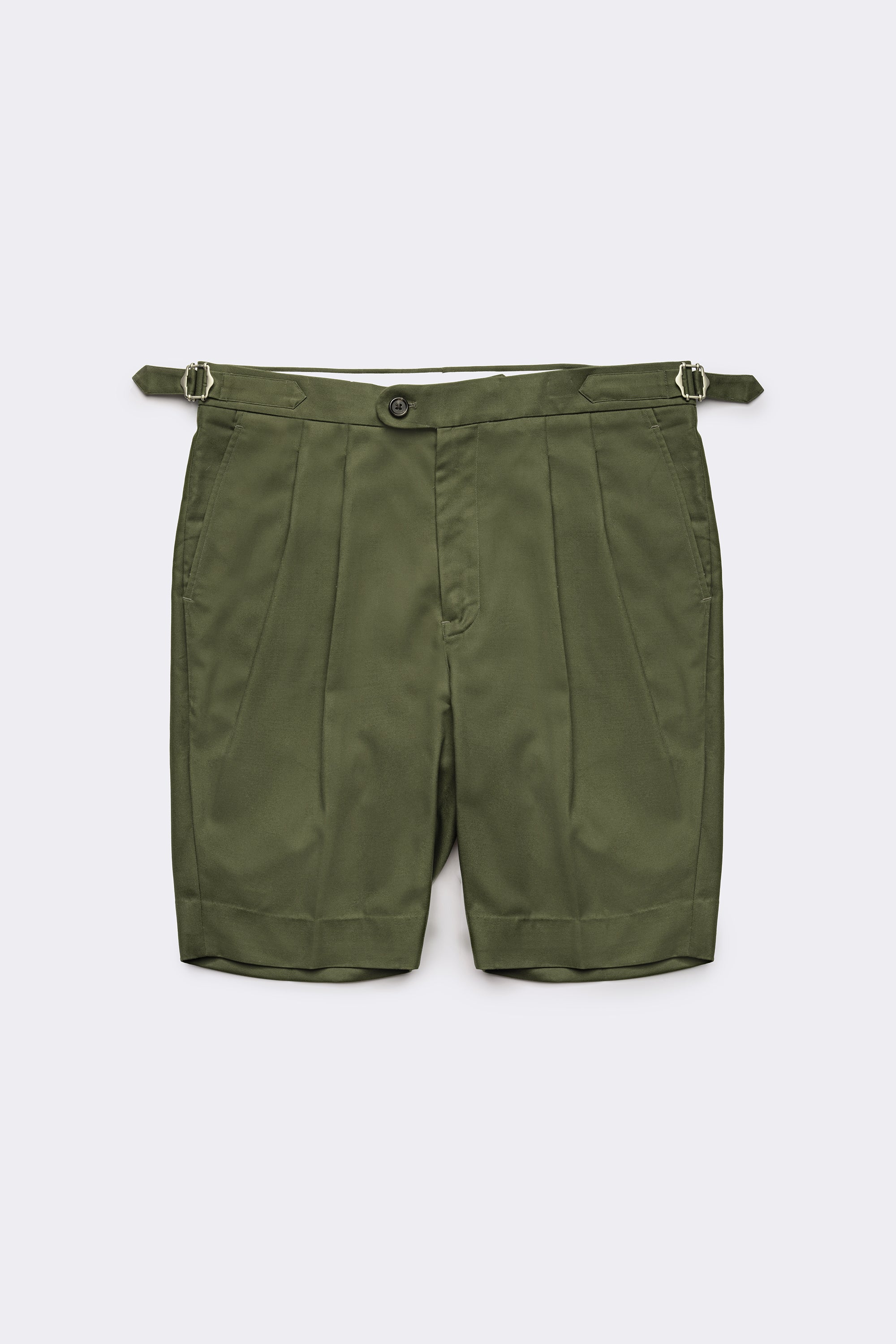 Army Green Cotton Pleated Short | Side Tabs